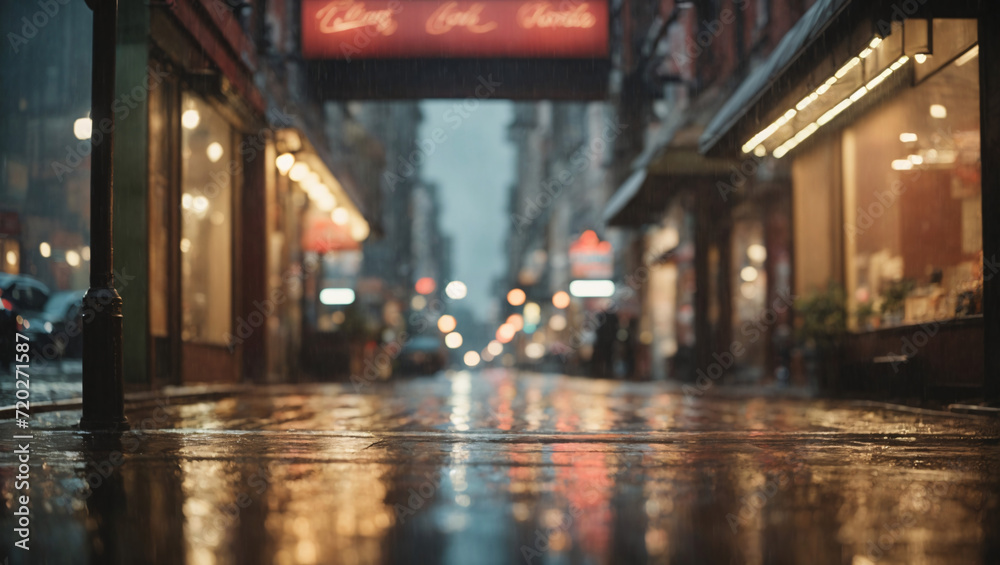 A city alleyway with abstract reflections of storefront lights and rain ...
