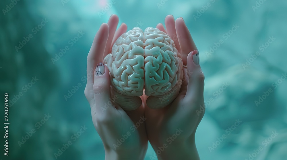 Cupped hands holding a brain against a blurred turquoise background ...