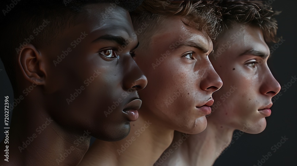Artistic digital render featuring side profiles of three young men with ...