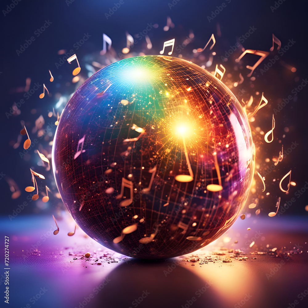 Strahlend leuchtende Musik Kugel fröhlich wibrierend mit Musik Noten ...