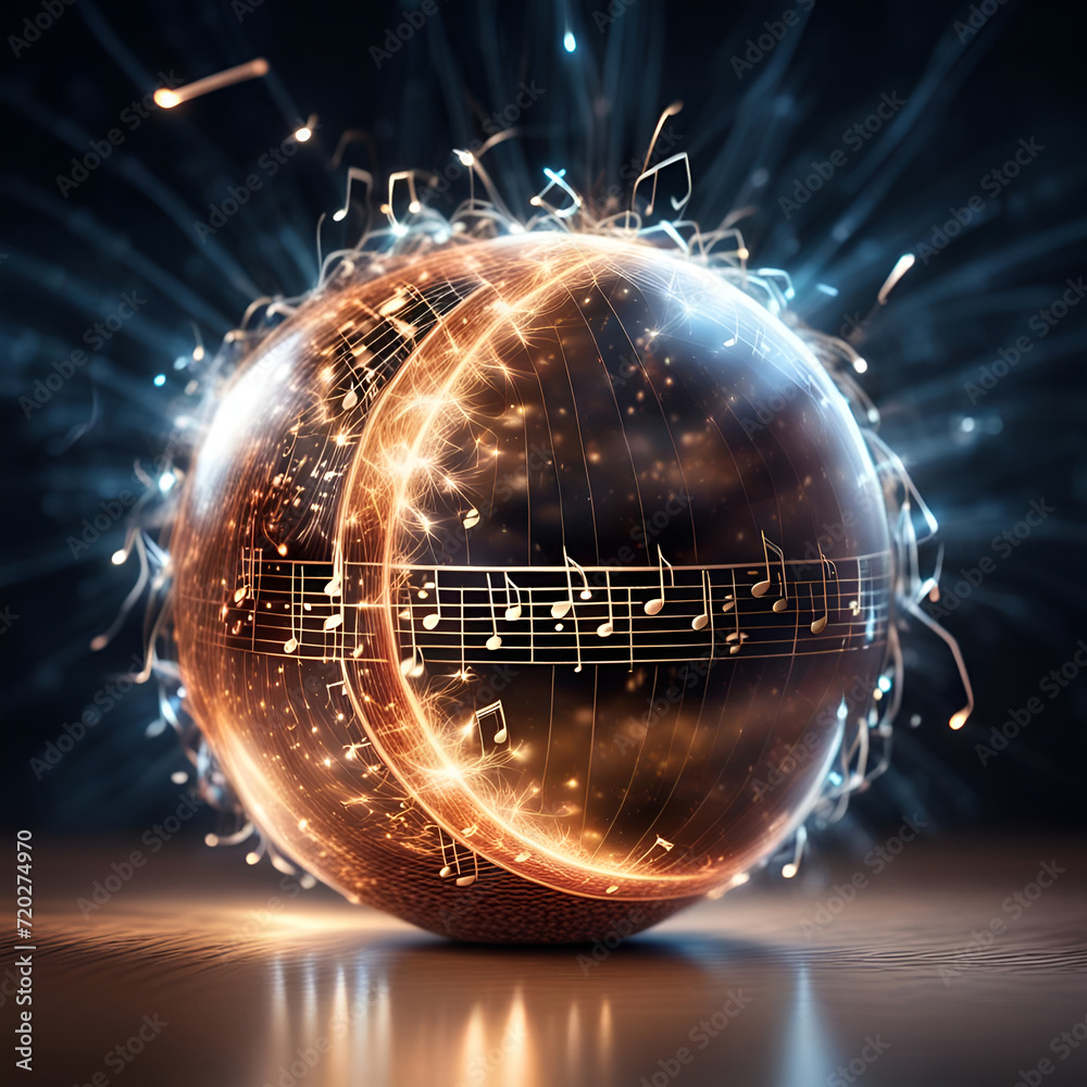 Strahlend leuchtende Musik Kugel fröhlich wibrierend mit Musik Noten ...