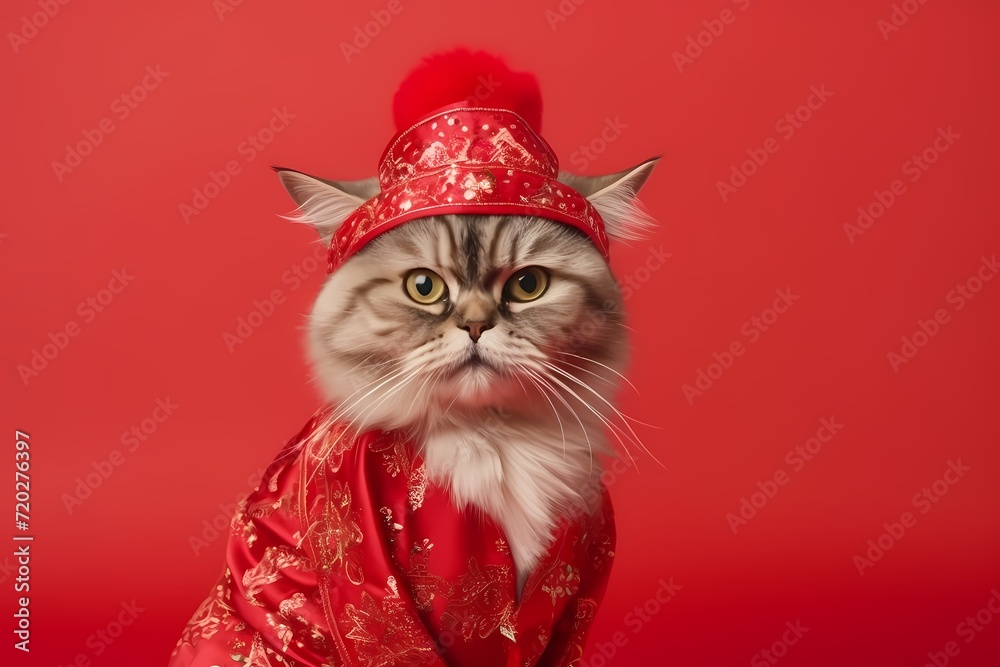 chinese new year festival background with cat wearing qipao, the ...