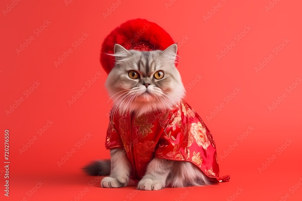 chinese new year festival background with cute cat wearing qipao, the ...