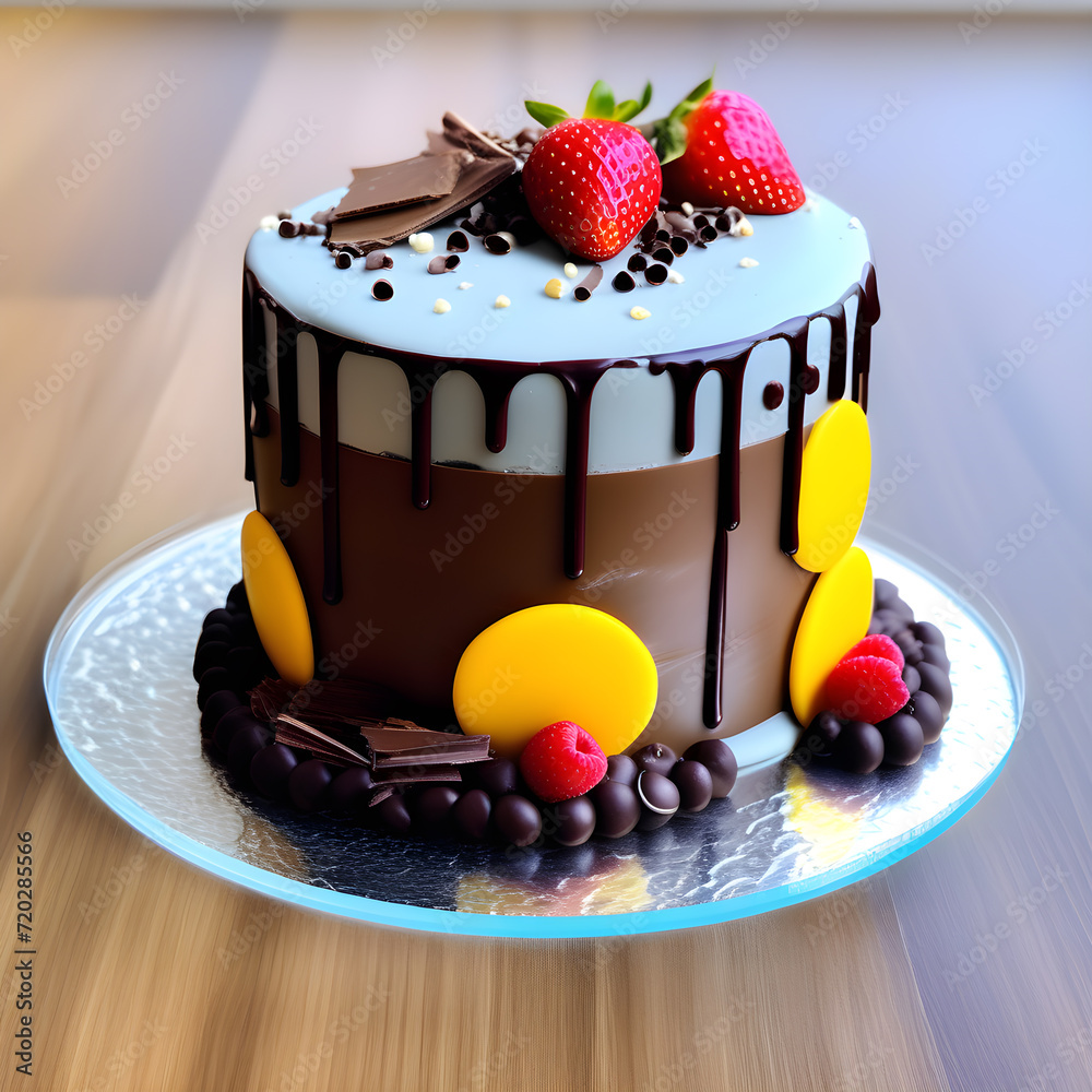 light blue color cake with chocolte icing, mirror glass cake with ...