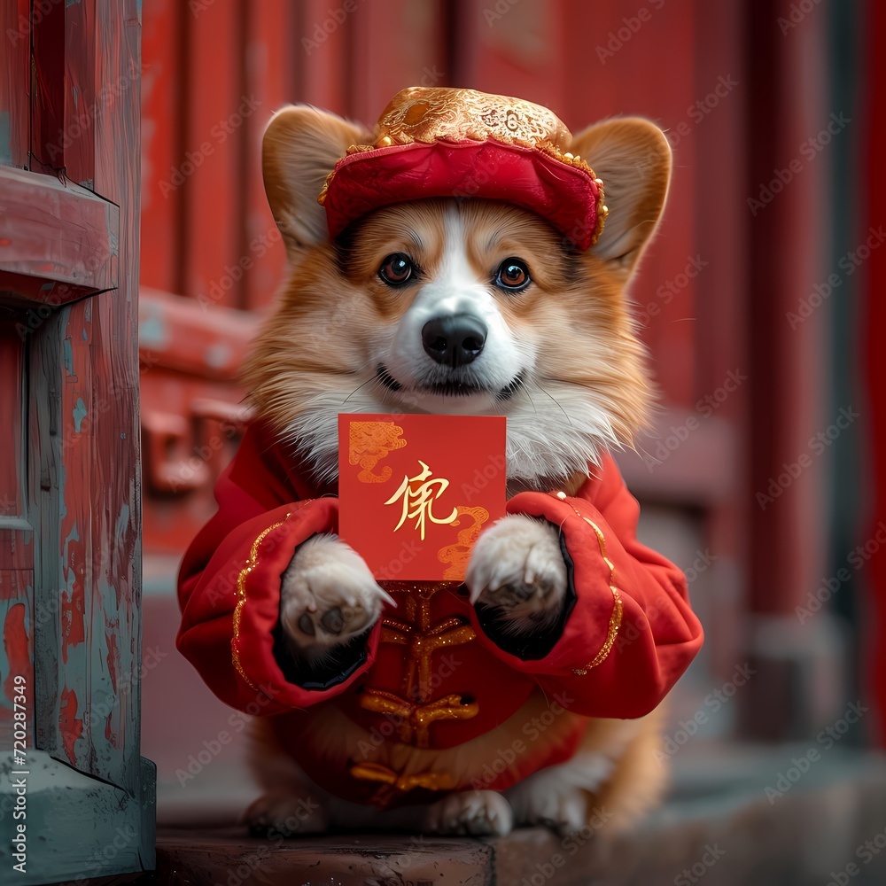 cute corgi dog celebrating chinese new year festival, wearing chinese ...