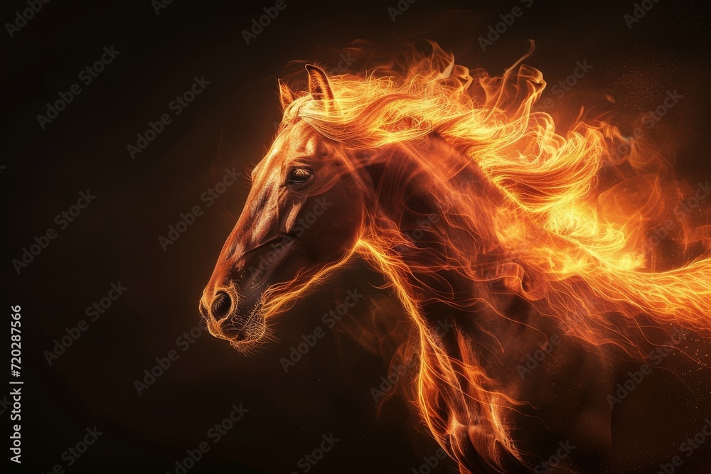 Amidst a scorching landscape, a magnificent horse gallops with fierce ...