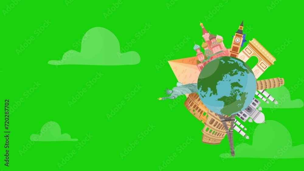 Travel over the world animation. World's famous buildings rotating ...
