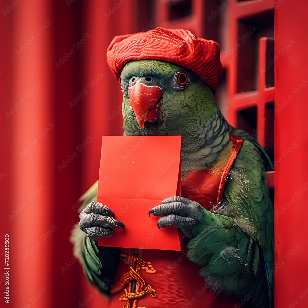 cute celebrating chinese new year festival, parrot bird wearing chinese ...