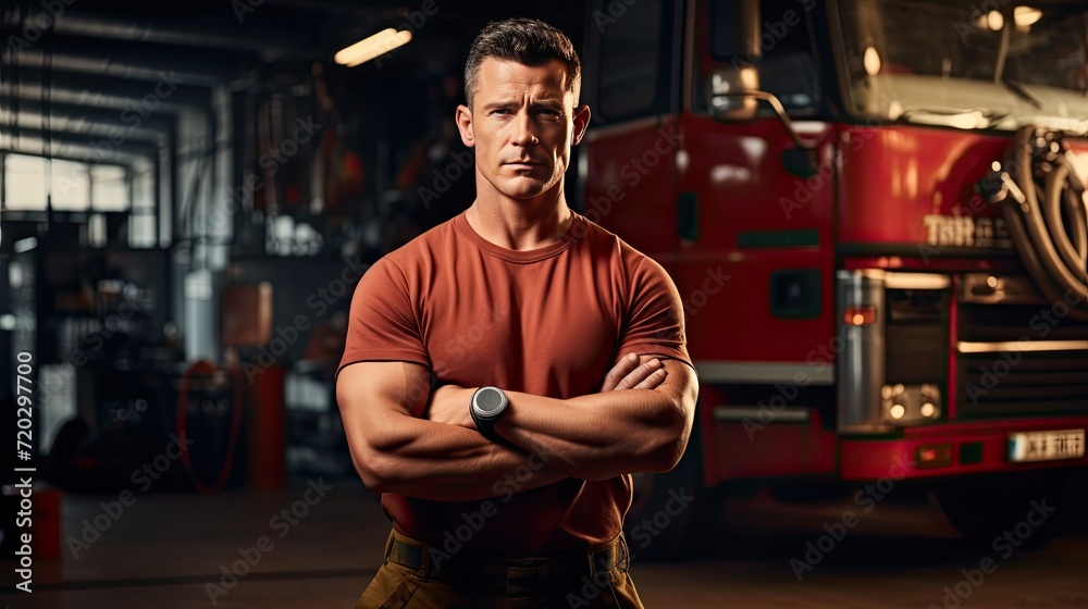 A brave fireman wearing protective uniform standing next to a fire ...