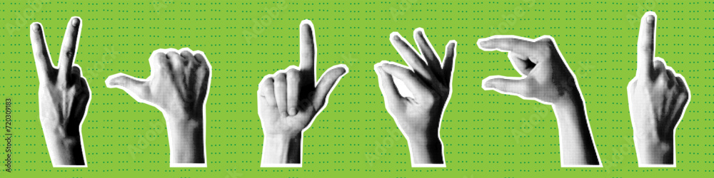 Retro hands. Pop art graphic. Comic sticker. Doodle signs collage. Fun ...