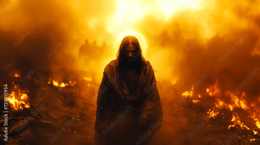 Jesus Christ in the fire at night. Stock Photo | Adobe Stock