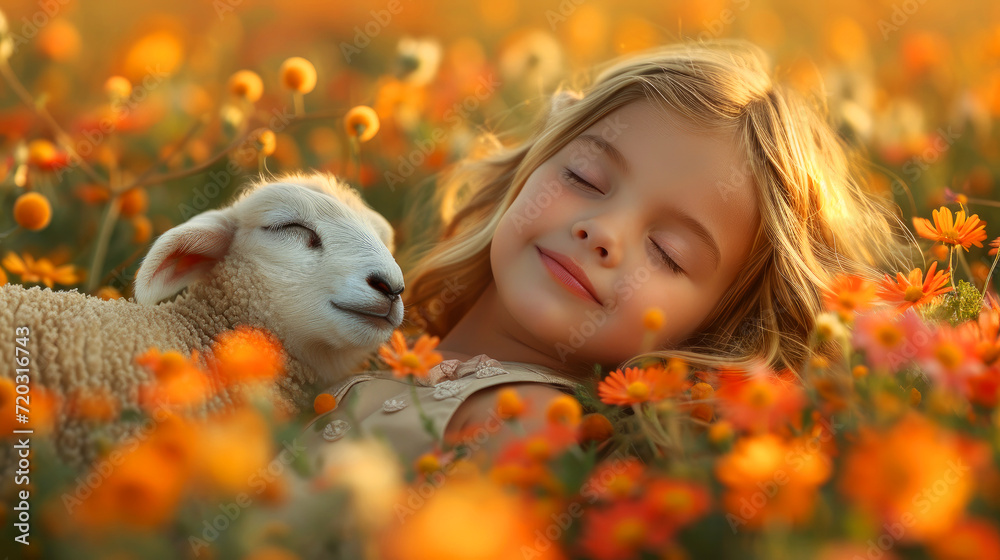 Cute little girl with lamb on camomile field. Child with lamb. Stock ...