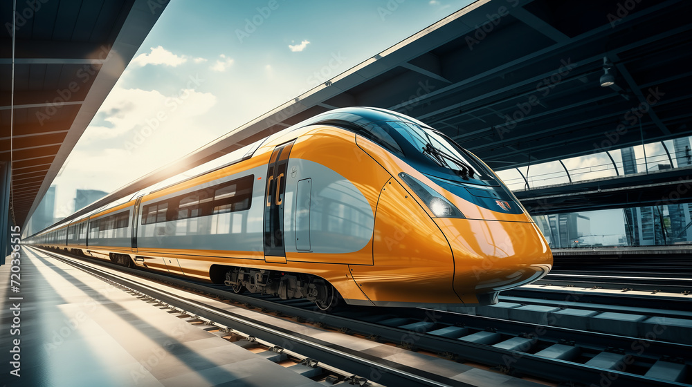 High speed train in motion on the railway station at sunset. Fast ...