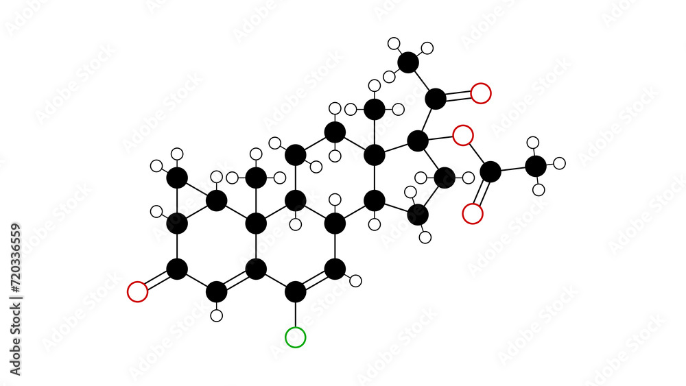 cyproterone acetate molecule, structural chemical formula, ball-and ...