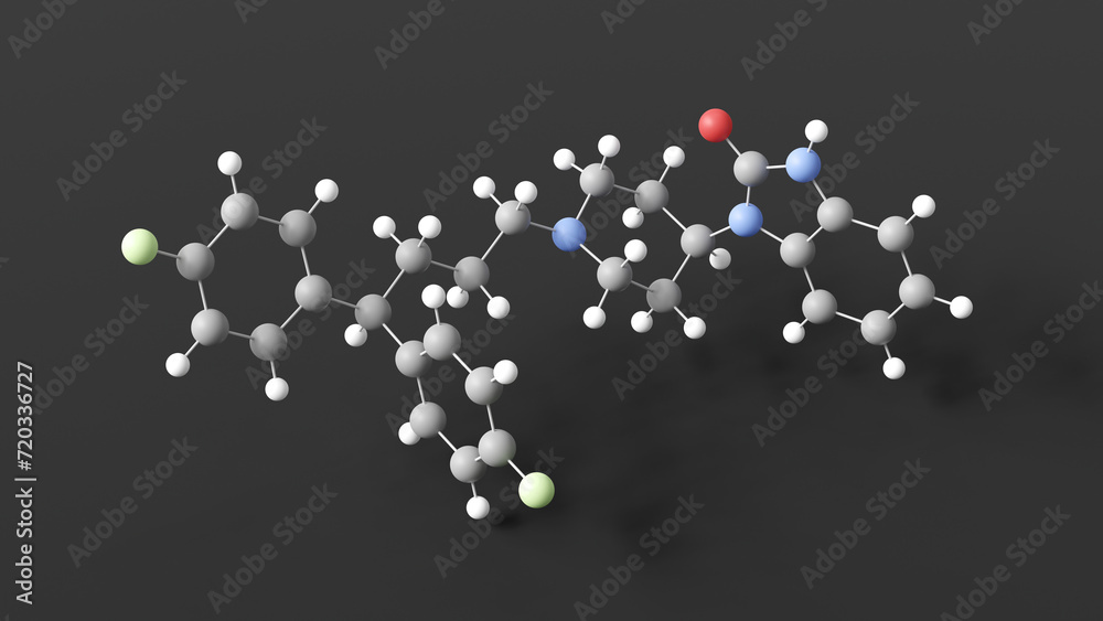pimozide molecular structure, antipsychotic drug, ball and stick 3d ...