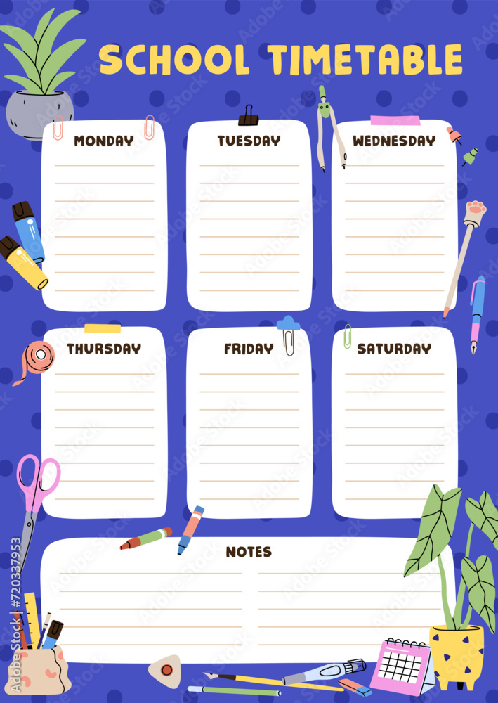School timetable design. Every day lessons schedule template. Blank ...