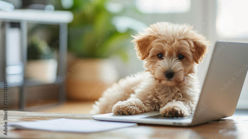 A curious puppy in front of a laptop, demonstrating its ability to ...