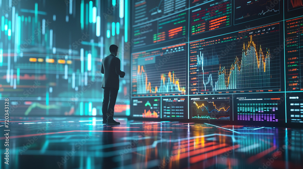 A detailed scene of a financial expert analyzing stock market data ...