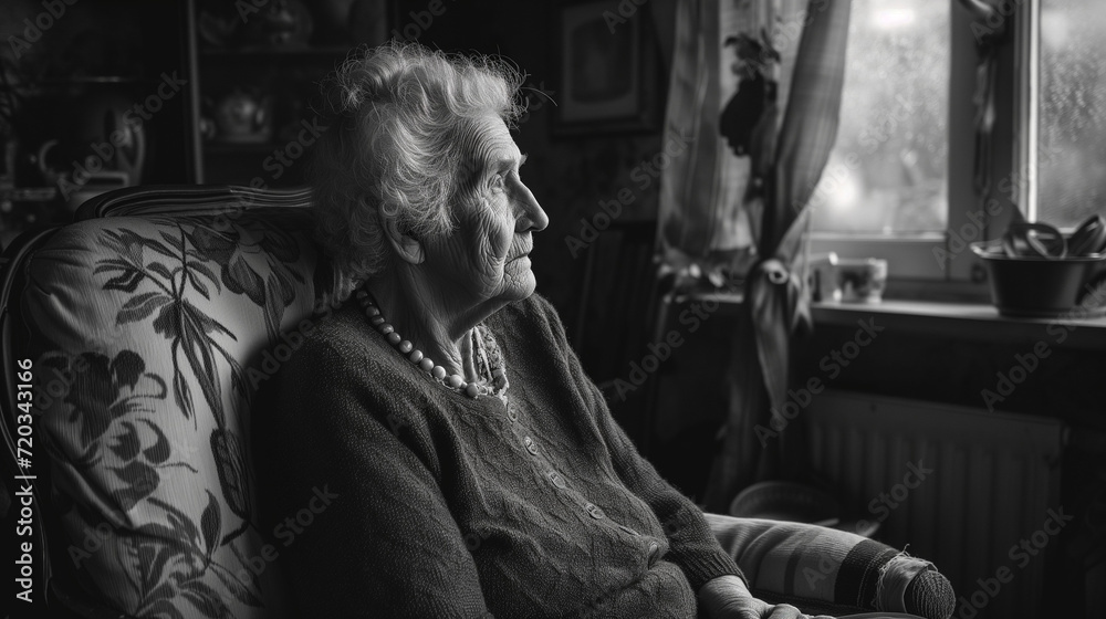 Elderly lady sitting alone in her old house. Loneliness for older ...