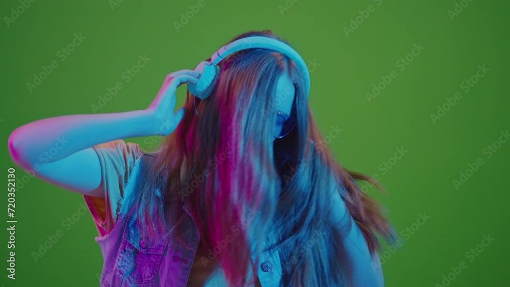 Green Screen. Teenage Girl Dancing In Neon Lights, Immersed In Music ...