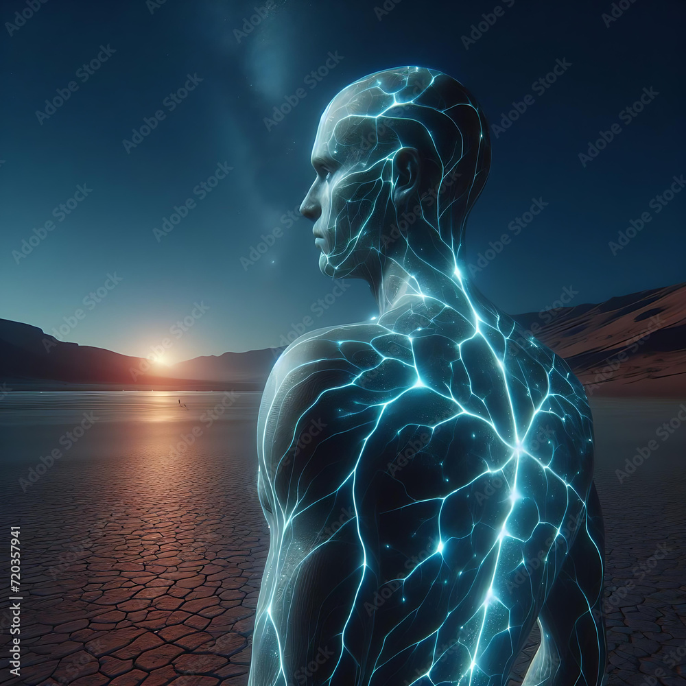 Meta Human with bio-illuminated cracks like veins, all over body ...