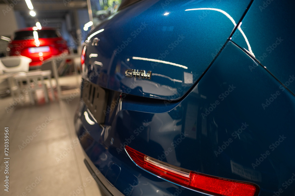 Logo on cap close-up, blue metallic electric car GWM ORA 03, automobile ...