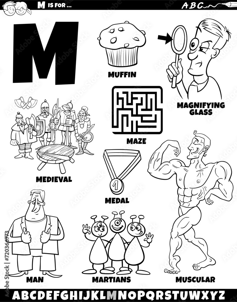 Letter M set with cartoon objects and characters coloring page Stock ...