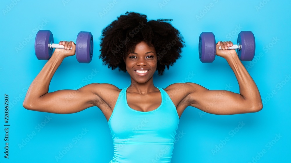 Radiant young woman with a beaming smile lifting weights comfortably in ...