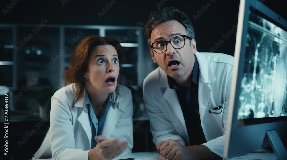 Two surprised scientists man and woman in eyeglasses looks at screen at ...
