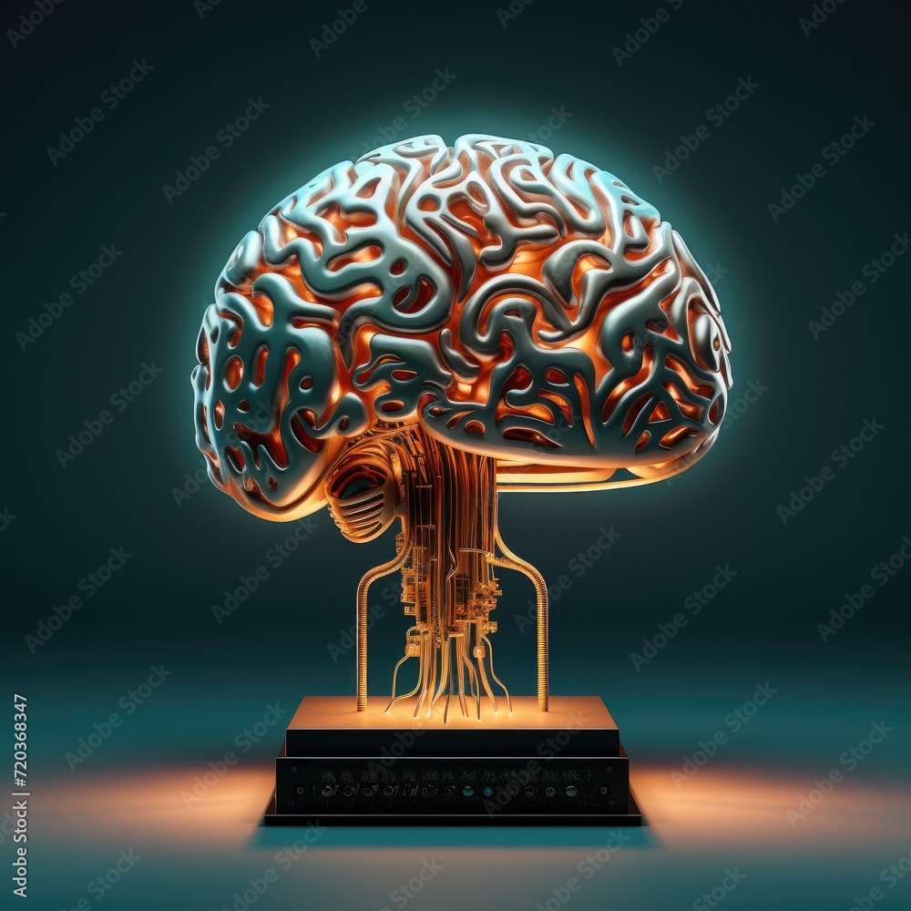 Futuristic 3D brain in neon glow. Artificial intelligence background ...
