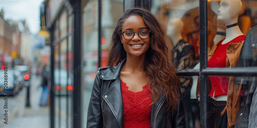 A smiling woman poses in front of a clothing store, wearing a ...