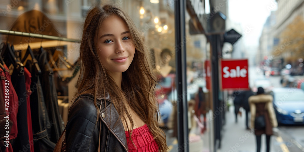 A smiling woman poses in front of a clothing store, wearing a ...