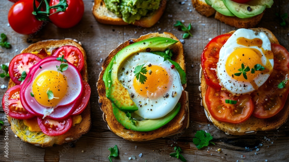 Assortment of artisanal toasts with fresh toppings and eggs on a rustic ...