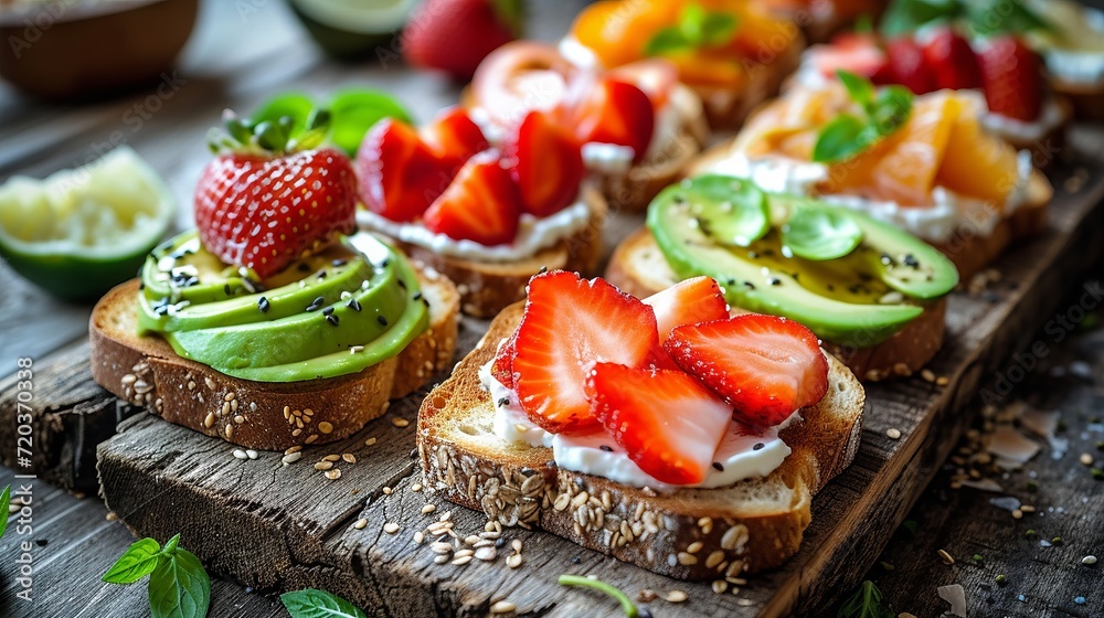 Artisanal open-faced toasts with fresh fruits and seeds for a ...