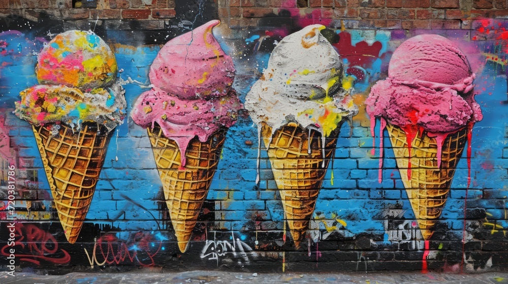 Vivid graffiti art of melting ice cream cones on an urban wall ...