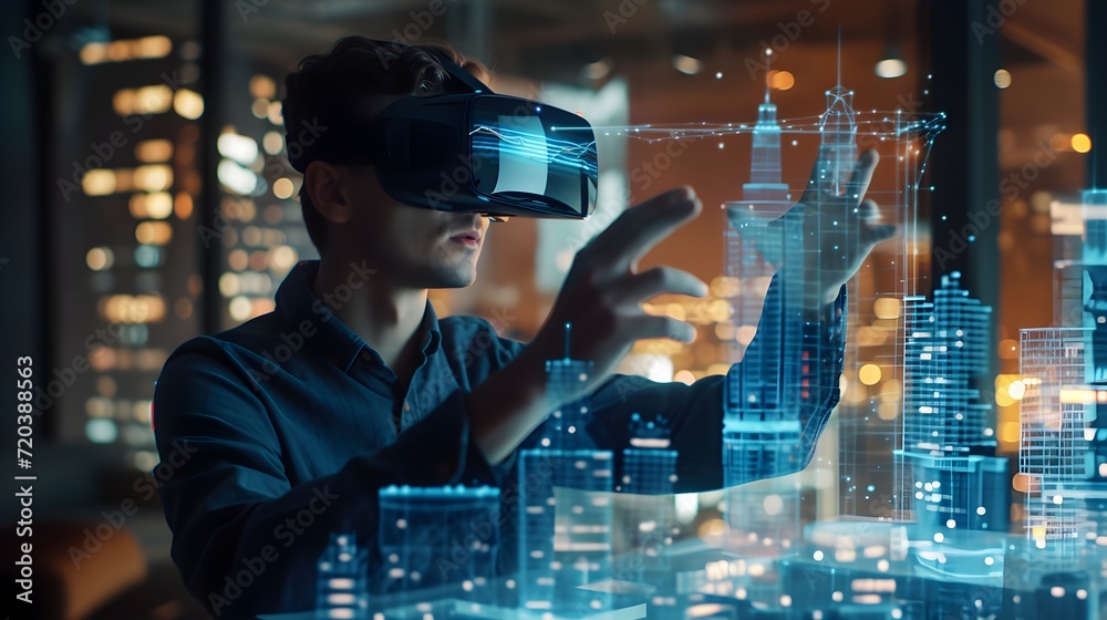 A virtual reality Technology modern ecological urban blue skyscraper ...