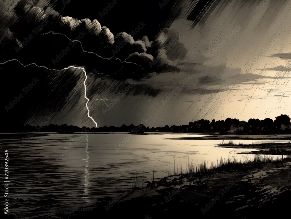 High contrast black and white drawing of lightning striking a wide lake ...