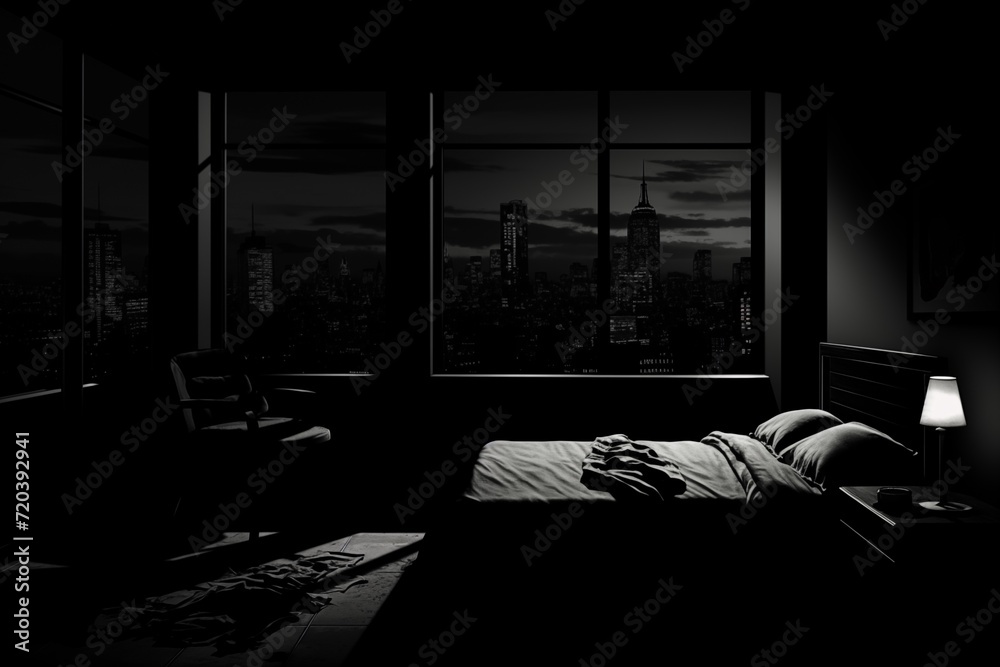 Black and white indoor night photograph of a darkened hotel bedroom ...