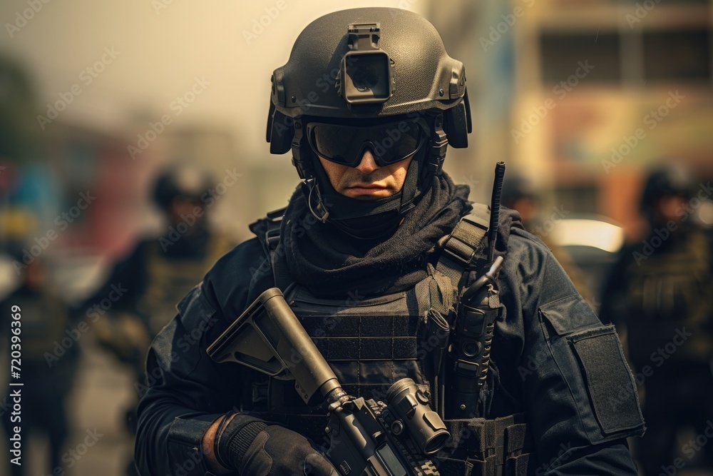 A police officer in uniform ensures public safety by holding a gun ...