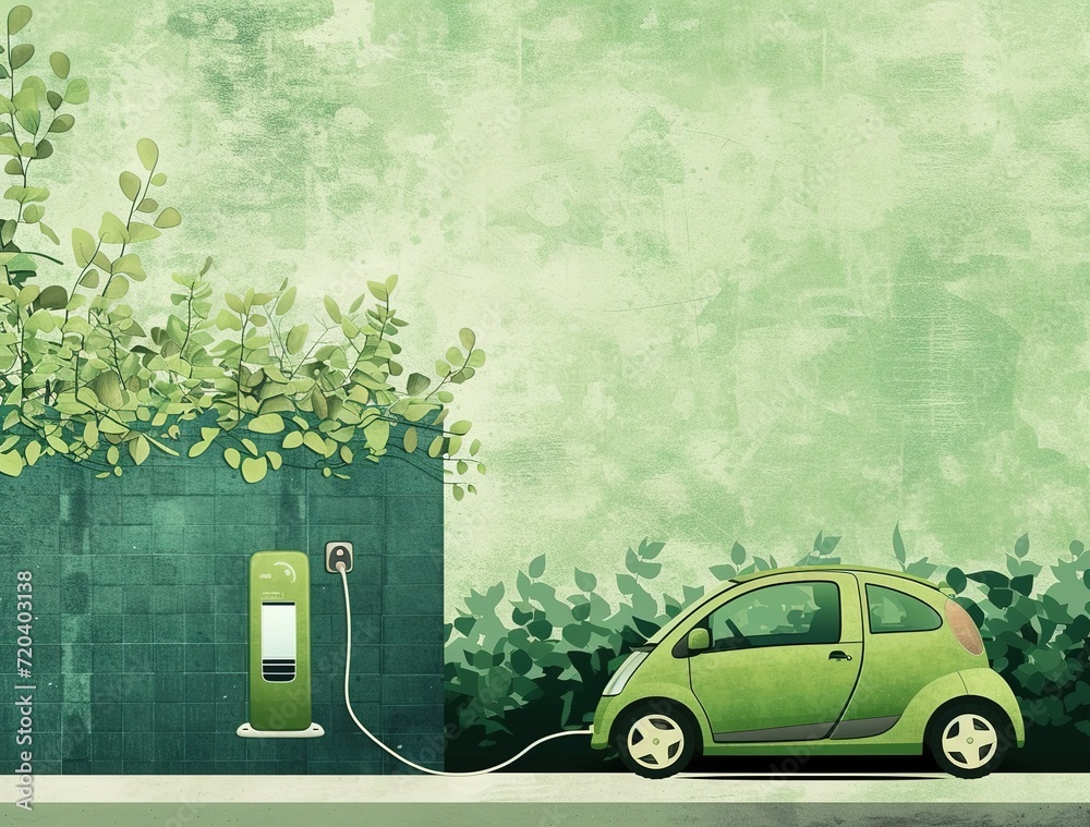 An eco-friendly compact car in a lush green environment with a ...