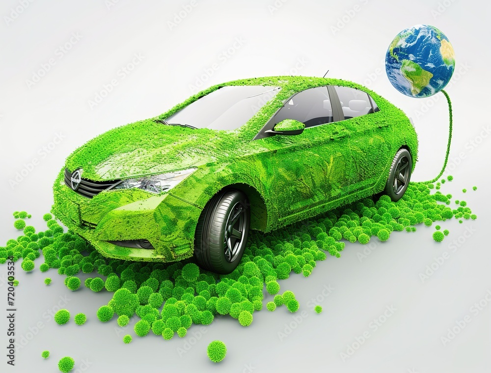 An eco-friendly compact car in a lush green environment with a ...