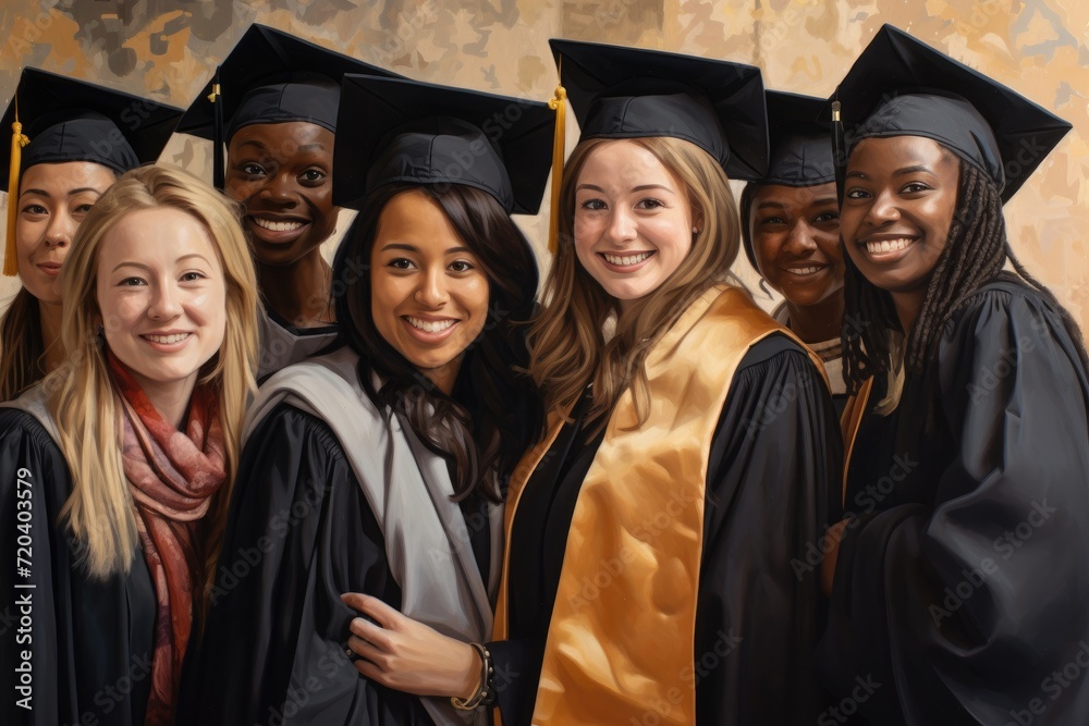 A joyful group of individuals wearing graduation caps and gowns ...