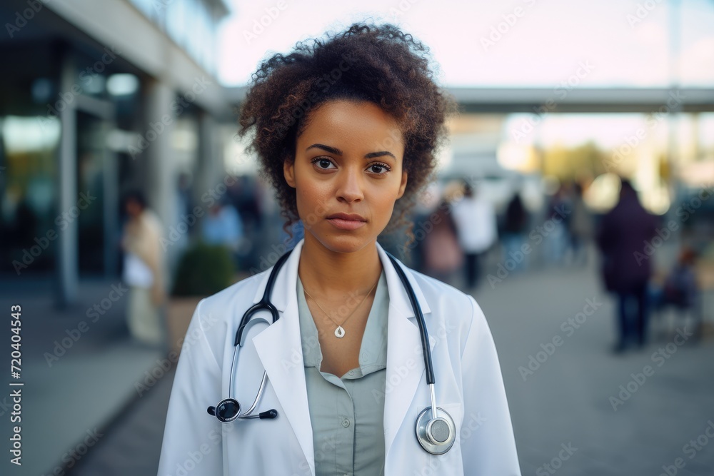 Woman With Stethoscope in Front of Building, Medical Professional in ...