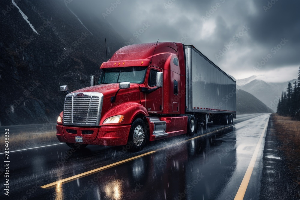 Red Semi Truck Driving Down Wet Road, Red big rig commercial semi truck ...