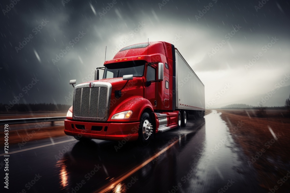 Red Semi Truck on Rainy Road, Red big rig commercial semi truck ...