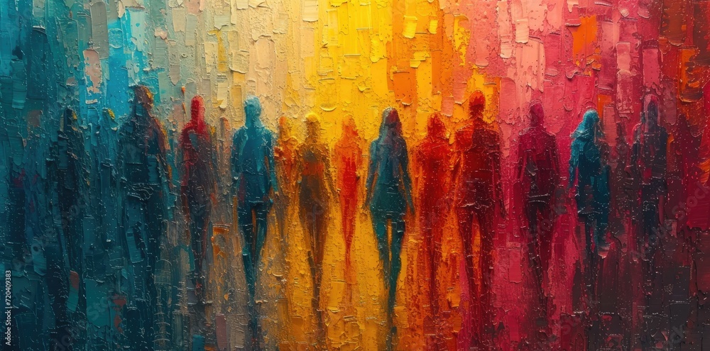 figures standing against wall in an intersection, in the style of ...