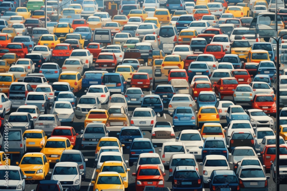 A bustling urban street jam-packed with numerous parked cars creating a ...