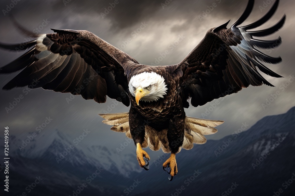 A stunning image capturing the beauty and strength of a bald eagle as it soars through the sky ...