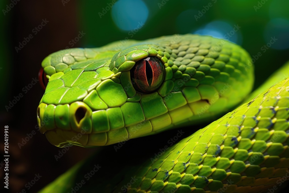 A detailed image of a vibrant green snake coiled on a branch ...