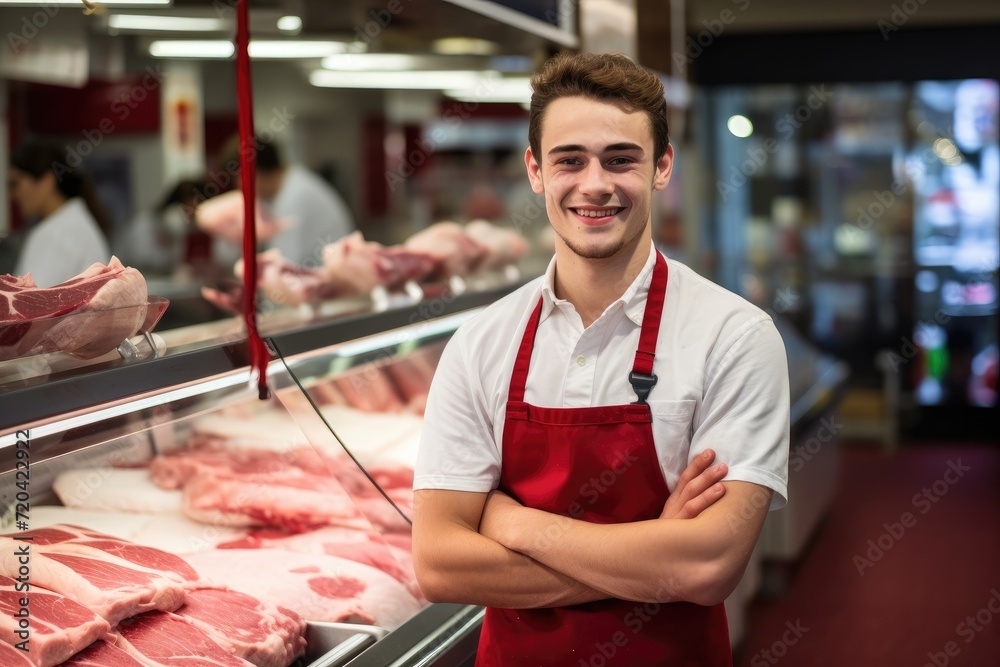 A man stands in front of a display of various cuts of meat at a market ...